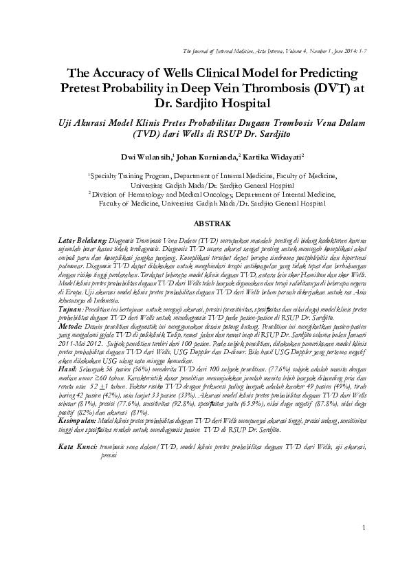 (PDF) The Accuracy of Wells Clinical Model for Predicting Pretest ...
