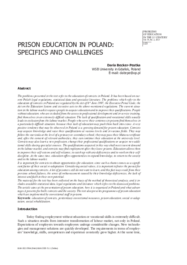 (PDF) Prison Education in Poland: Specifics and Challenges