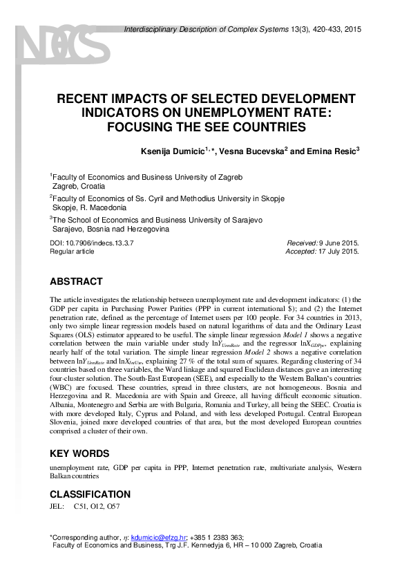 Pdf Recent Impacts Of Selected Development Indicators On Unemployment Rate Focusing The See 