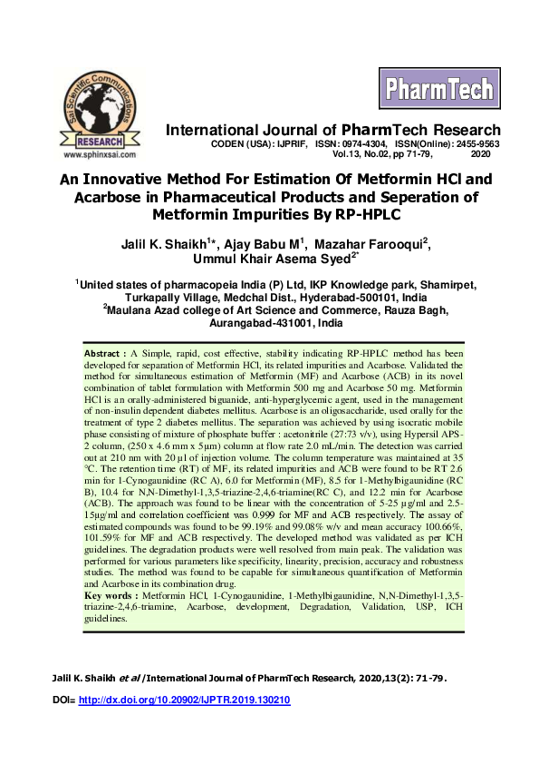 (PDF) An Innovative Method For Estimation Of Metformin HCl and Acarbose in Pharmaceutical ...