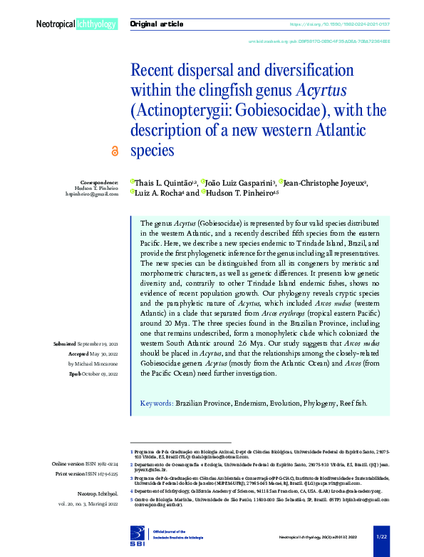 (PDF) Recent dispersal and diversification within the clingfish genus ...