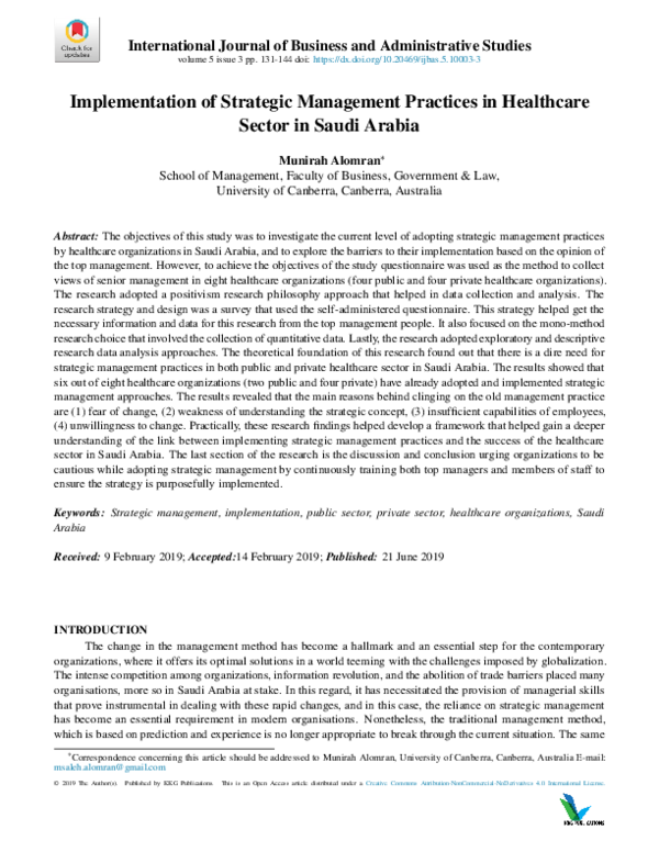 (PDF) Implementation of Strategic Management Practices in Healthcare ...