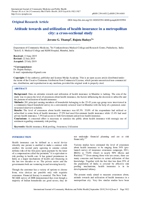 (PDF) Attitude towards and utilization of health insurance in a metropolitan city: a cross ...