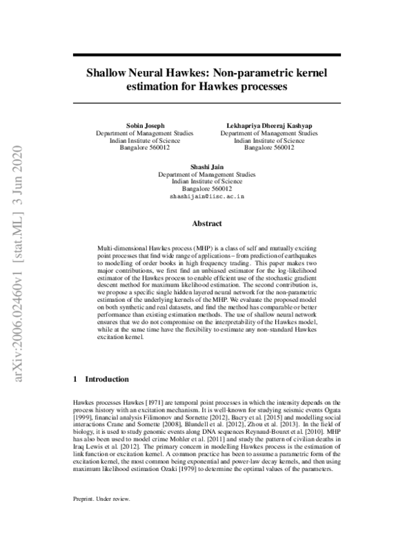 Pdf Shallow Neural Hawkes Non Parametric Kernel Estimation For Hawkes Processes