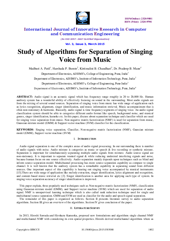 (PDF) Study of Algorithms for Separation of SingingVoice from Music