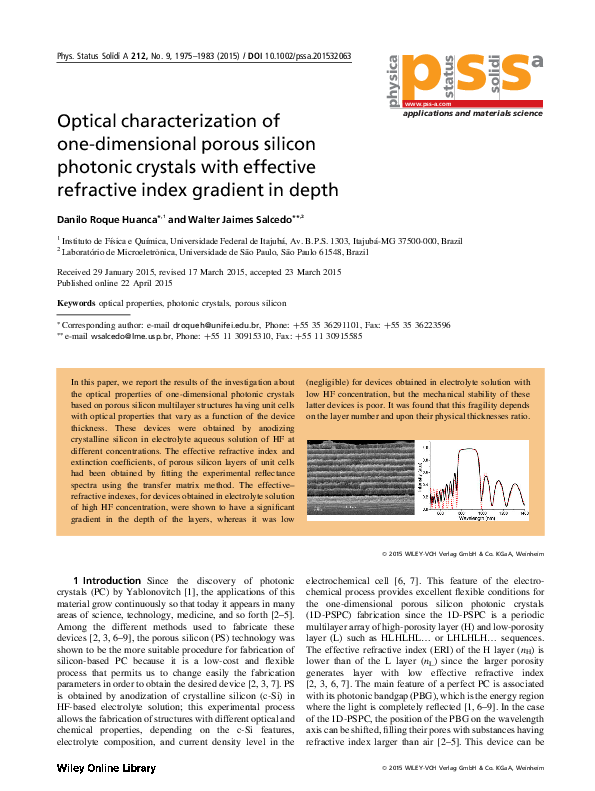 (PDF) Optical characterization of one-dimensional porous silicon photonic crystals with ...