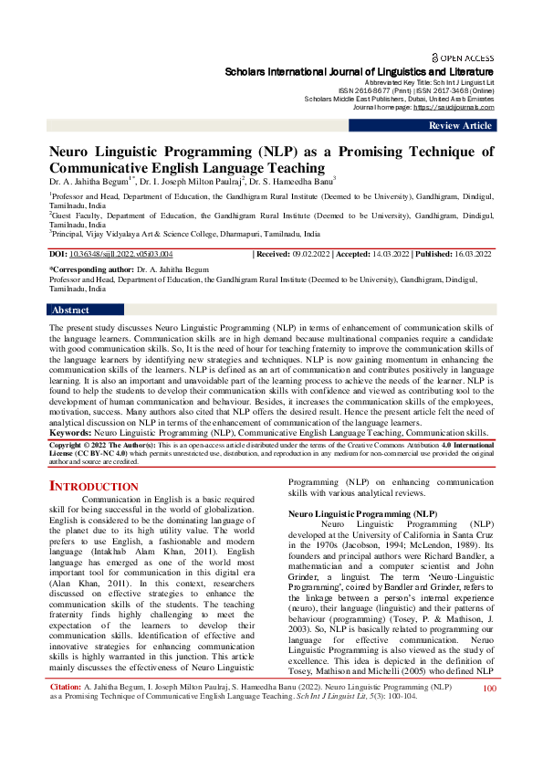 (PDF) Neuro Linguistic Programming (NLP) as a Promising Technique of Communicative English ...