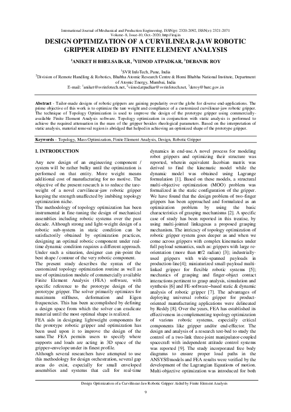 Pdf Design Optimization Of A Curvilinear Jaw Robotic Gripper Aided By Finite Element Analysis