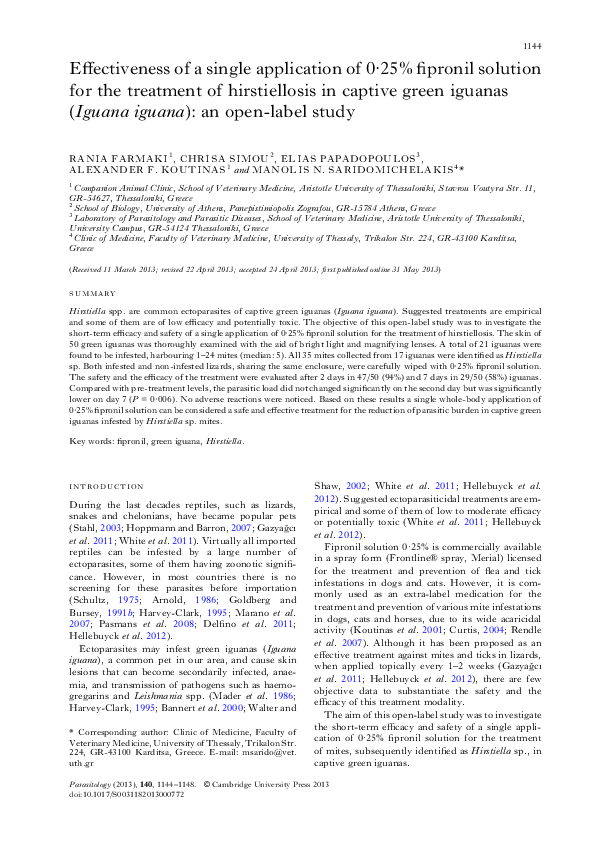 (PDF) Effectiveness of a single application of 0·25% fipronil solution ...