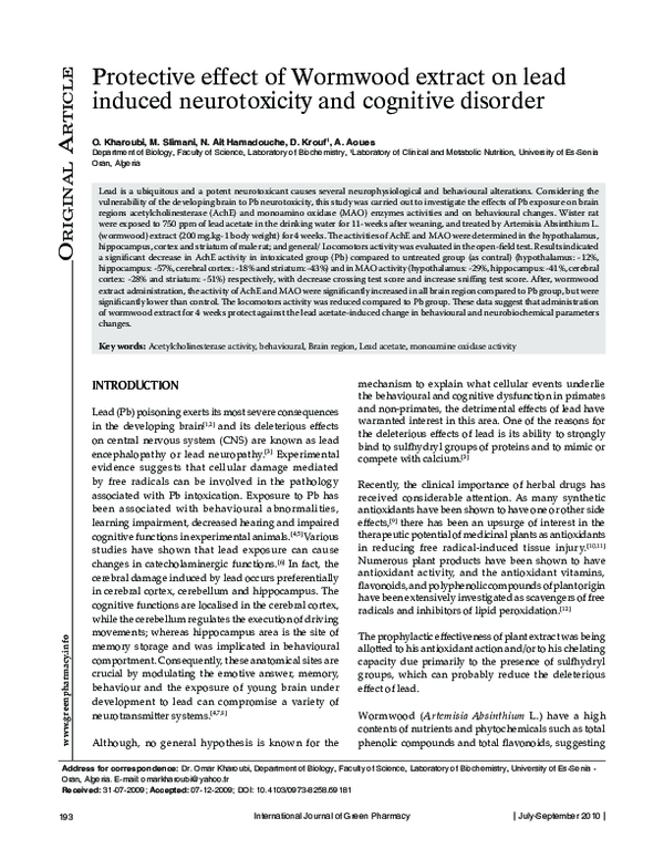 (PDF) Protective effect of Wormwood extract on lead induced ...