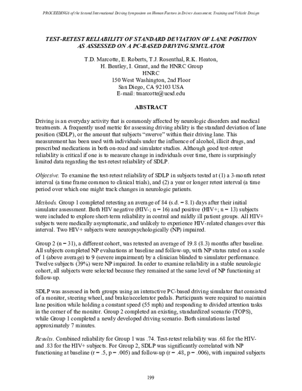 (PDF) Test-Retest Reliability of Standard Deviation of Lane Position as ...