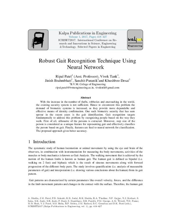 Pdf Robust Gait Recognition Technique Using Neural Network