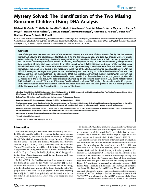 (PDF) Mystery solved: the identification of the two missing Romanov ...