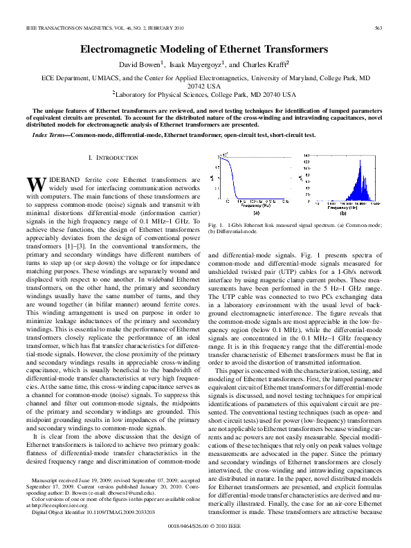 (PDF) Electromagnetic Modeling of Ethernet Transformers