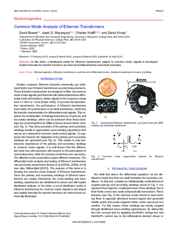 (PDF) Common Mode Analysis of Ethernet Transformers