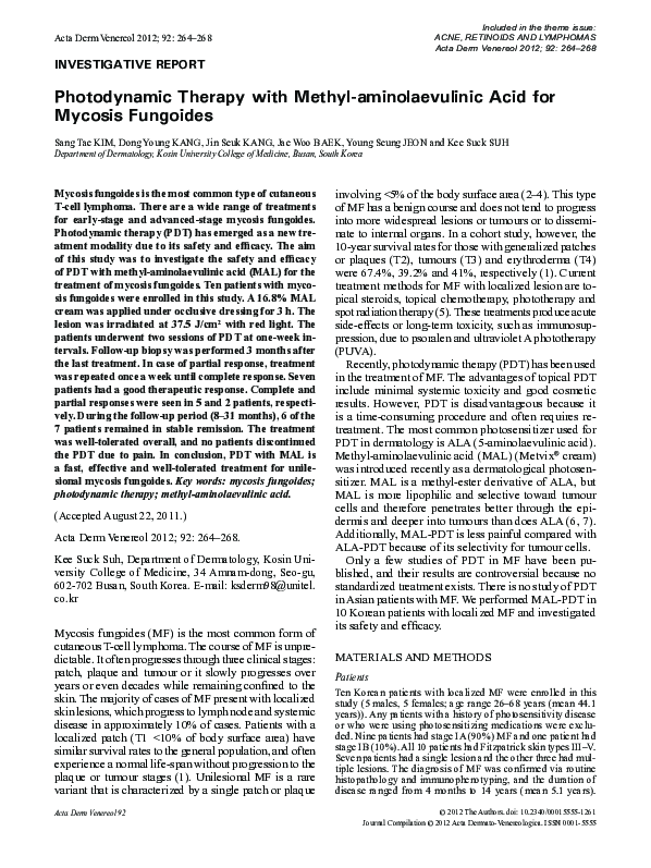 (PDF) Photodynamic Therapy with Methyl-aminolaevulinic Acid for Mycosis Fungoides