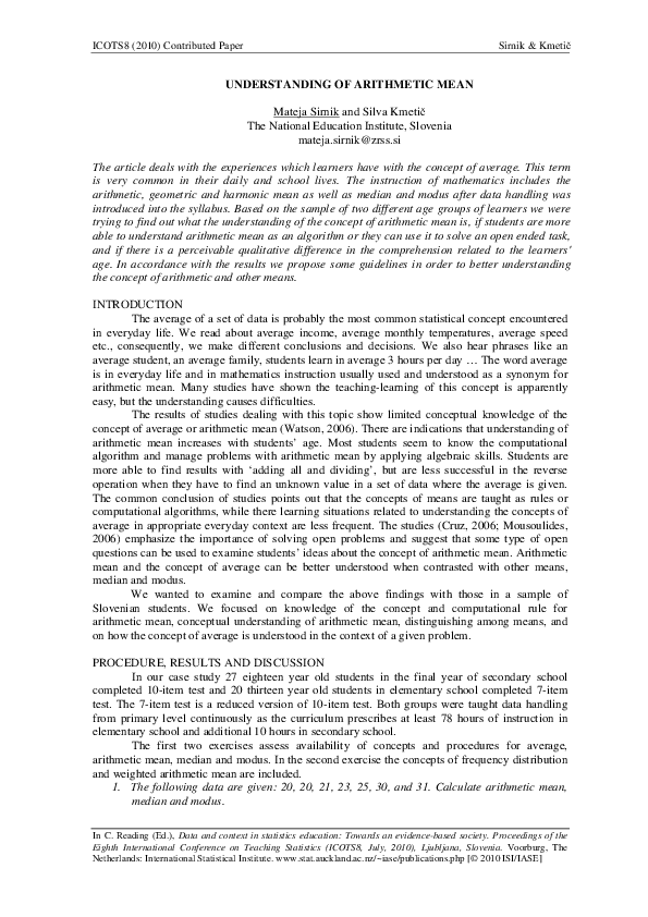 Pdf Understanding Of Arithmetic Mean
