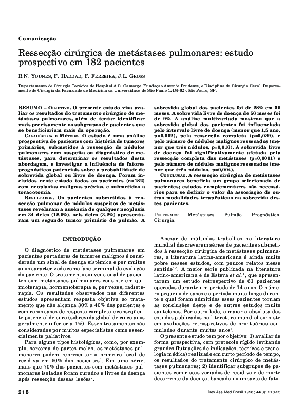 (PDF) Ressec o cir rgica de met stases pulmonares: estudo prospectivo ...