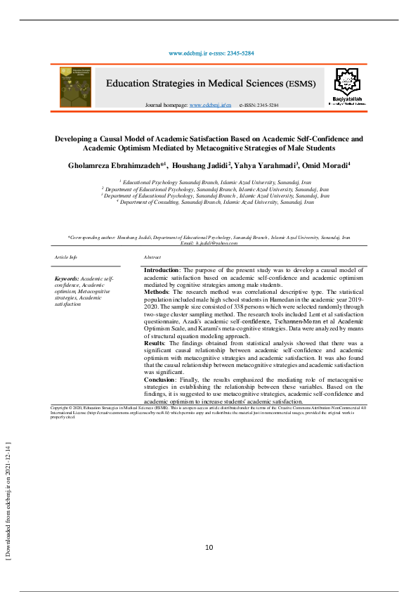 (PDF) Developing a Causal Model of Academic Satisfaction Based on Academic Self-Confidence and ...