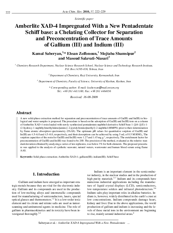 (PDF) Amberlite XAD-4 Impregnated With a New Pentadentate Schiff base: a Chelating Collector for ...