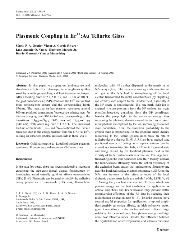 (PDF) Plasmonic Coupling in Er3+:Au Tellurite Glass