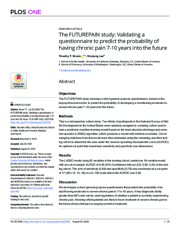 (PDF) The FUTUREPAIN study: Validating a questionnaire to predict the probability of having ...
