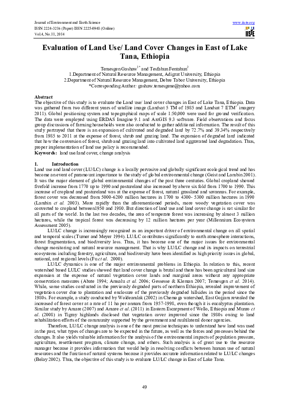 (PDF) Evaluation of Land Use/ Land Cover Changes in East of Lake Tana ...