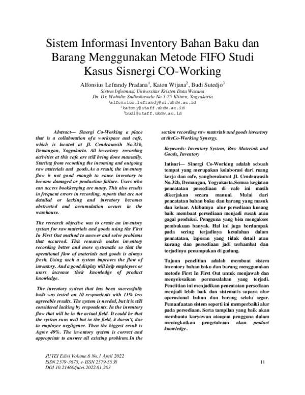 (PDF) Sistem Informasi Inventory Bahan Baku Dan Barang Menggunakan Metode FIFO Studi Kasus ...