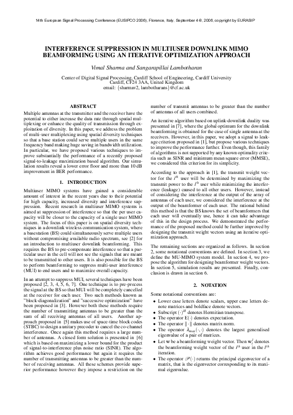 Pdf Multiuser Downlink Mimo Beamforming Using An Iterative Optimization Approach