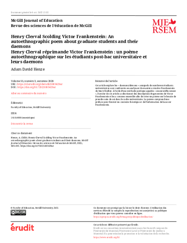 (PDF) Henry Clerval Scolding Victor Frankenstein: An autoethnographic ...