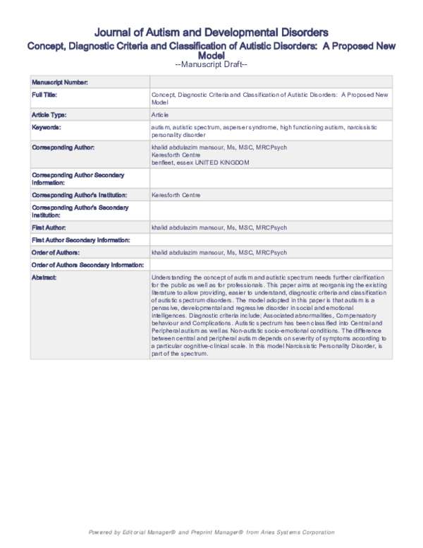 (PDF) Concept, Diagnostic Criteria and Classification of Autistic Disorders: A Proposed New Model
