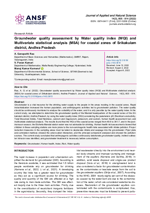 Pdf Groundwater Quality Assessment By Water Quality Index Wqi And Multivariate Statistical