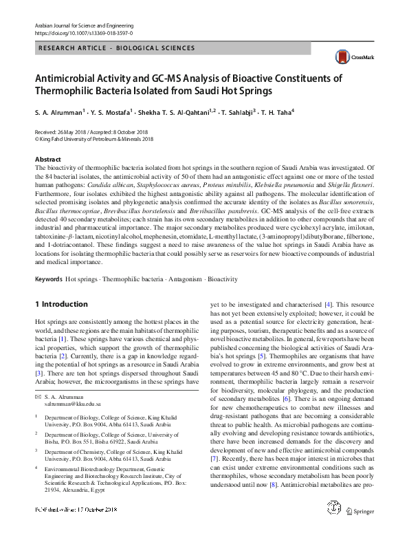 Pdf Antimicrobial Activity And Gc Ms Analysis Of Bioactive Constituents Of Thermophilic