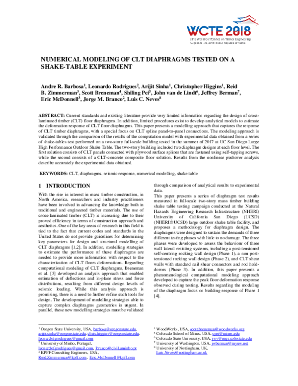 (PDF) Numerical Modeling of CLT Diaphragms Tested on a Shake Table ...