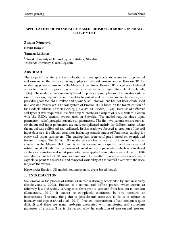 (PDF) Application of Physically-Based Erosion 3D Model in Small Catchment