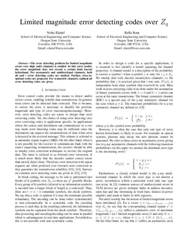 (PDF) Limited Magnitude Error Detecting Codes over Z_{q}