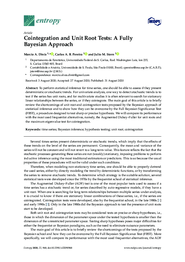 Pdf Cointegration And Unit Root Tests A Fully Bayesian Approach