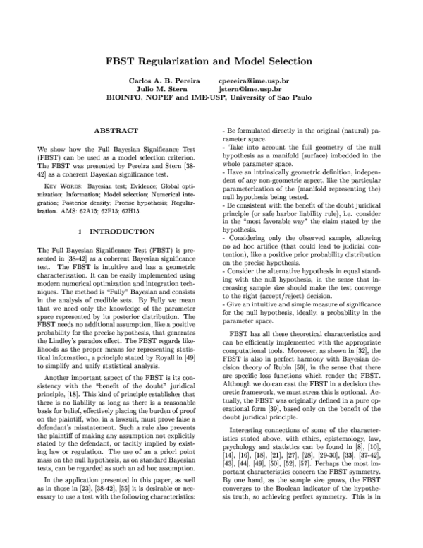 (PDF) FBST regularization and model selection | Julio Stern - Academia.edu