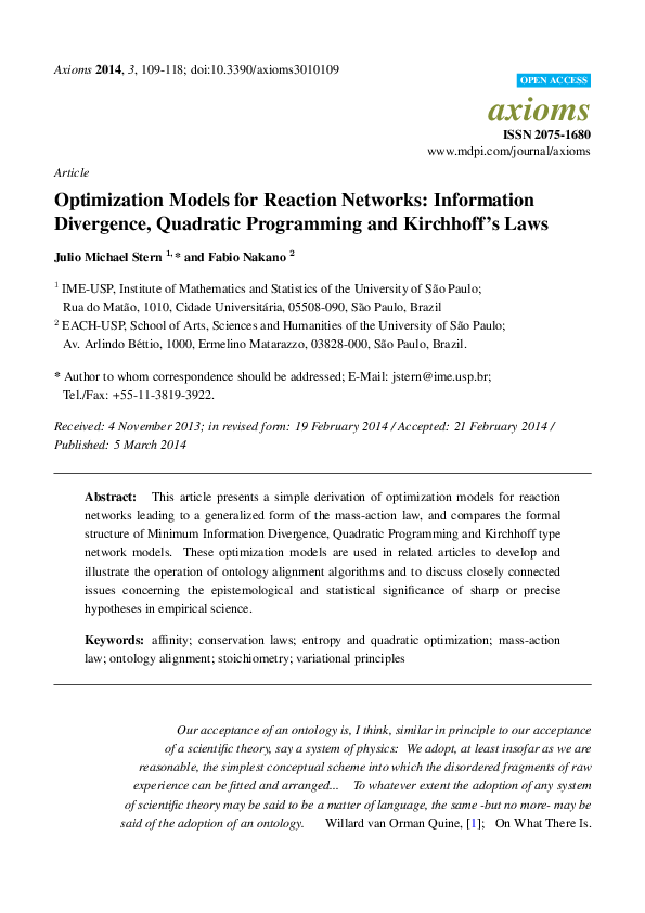 (PDF) Optimization Models for Reaction Networks: Information Divergence ...