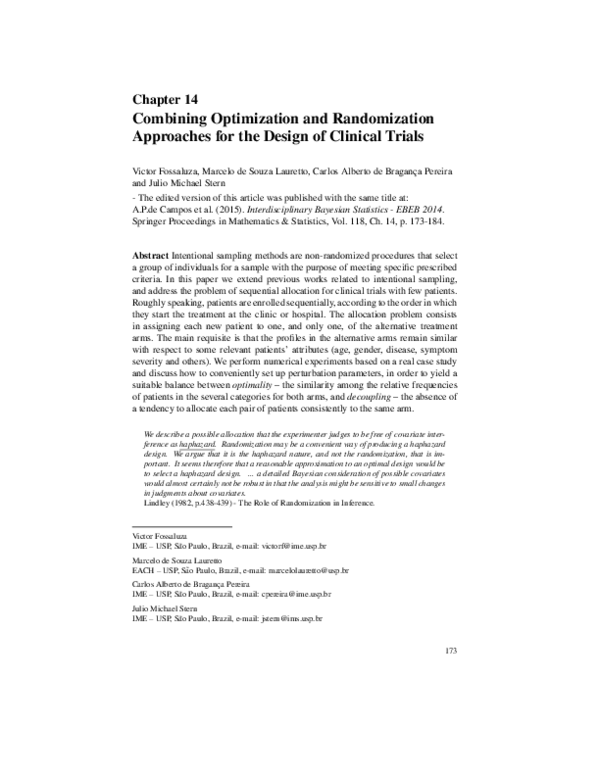 Pdf Combining Optimization And Randomization Approaches For The Design Of Clinical Trials