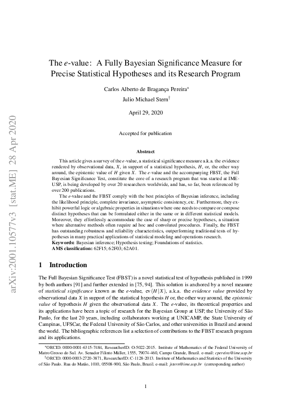 (PDF) The e-value: a fully Bayesian significance measure for precise statistical hypotheses and ...