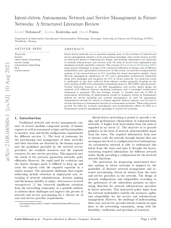 Pdf Intent Driven Autonomous Network And Service Management In Future Networks A Structured