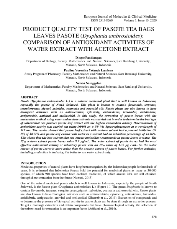 (PDF) PRODUCT QUALITY TEST OF PASOTE TEA BAGS LEAVES PASOTE (Dysphania ...