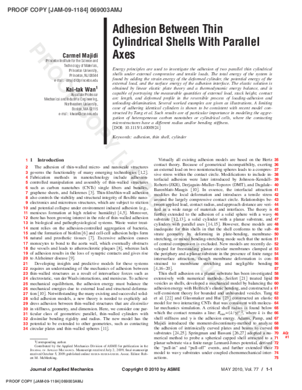 (PDF) Adhesion Between Thin Cylindrical Shells With Parallel Axes