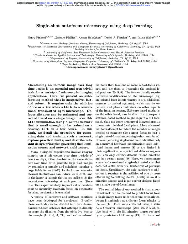 (PDF) Single-shot autofocus microscopy using deep learning