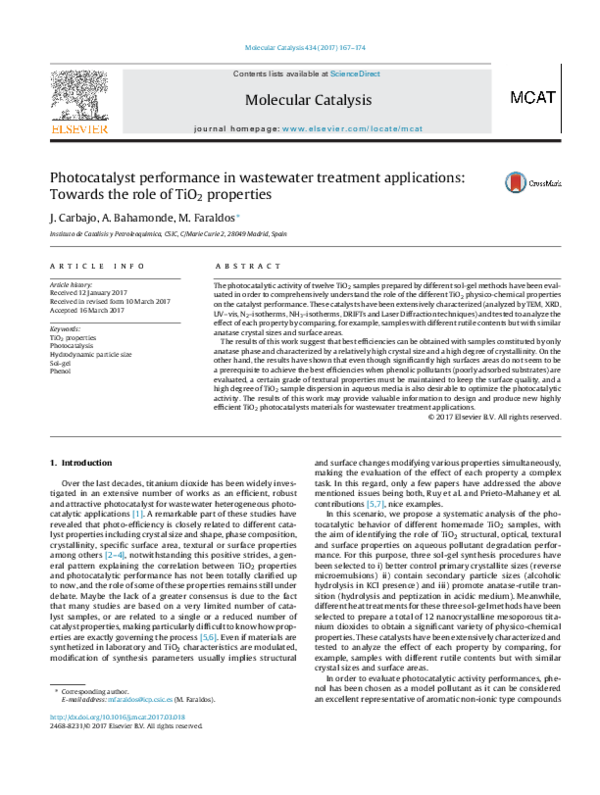 (PDF) Photocatalyst performance in wastewater treatment applications ...