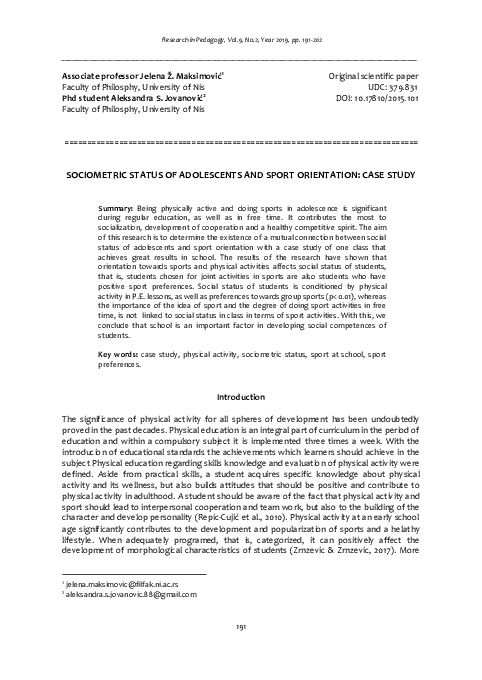 (PDF) Sociometric Status of Adolescents and Sport Orientation: Case Study