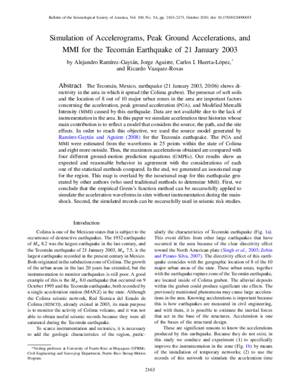 (PDF) Simulation of Accelerograms, Peak Ground Accelerations, and MMI for the Tecoman Earthquake ...