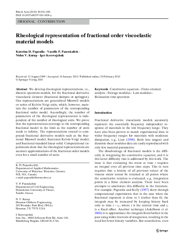 (PDF) Rheological representation of fractional order viscoelastic ...