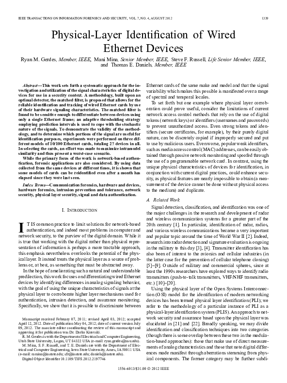 Pdf Physical Layer Identification Of Wired Ethernet Devices